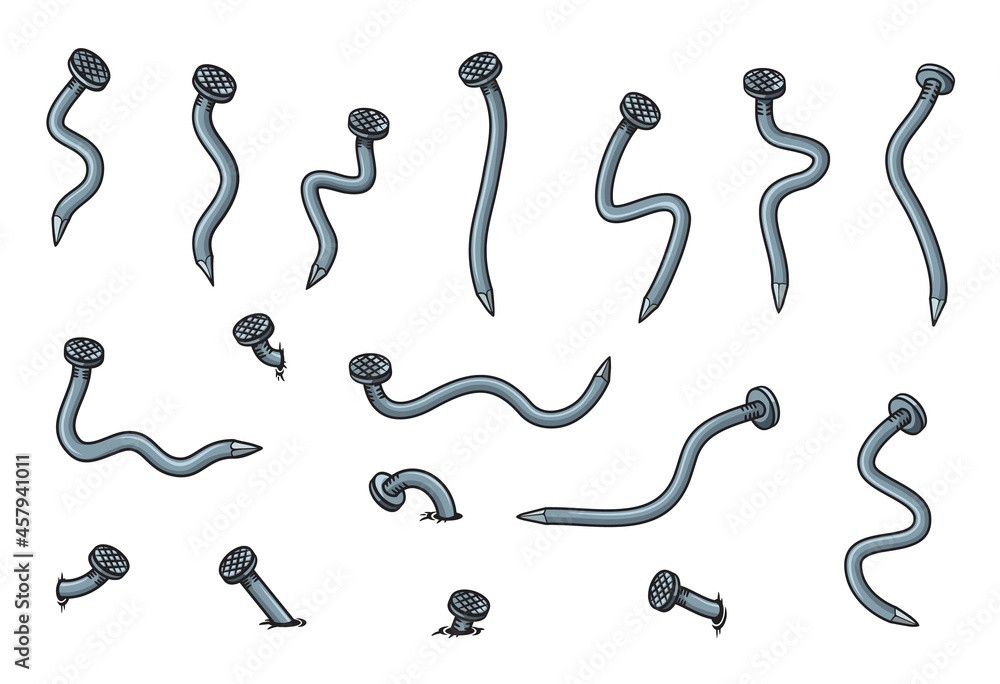 Cartoon metal bent nails and broken iron spikes. Isolated vector nails ...