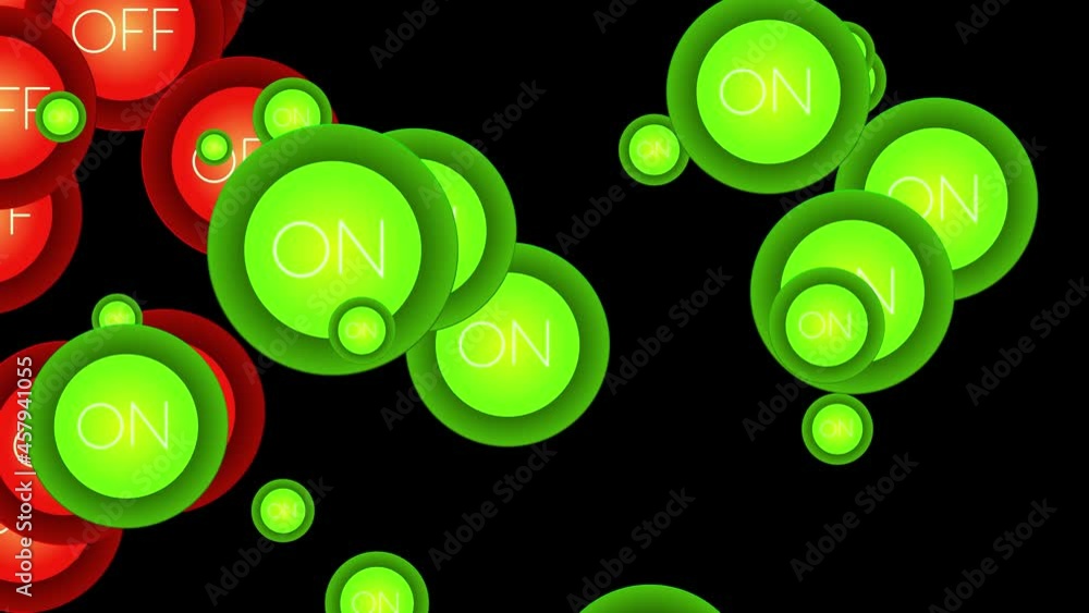 Animation of flying buttons on and off on a black background. Abstract looping motion with ...