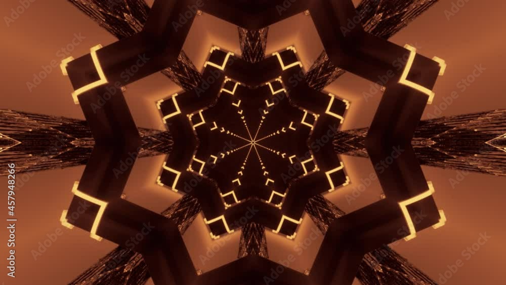 Complex tunnel sturture of bronze layers of star shaped frames. vj loop ...