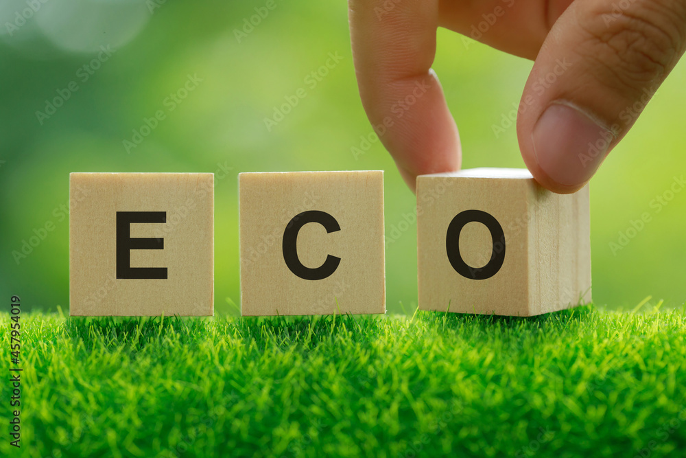 Words ECO on a woodblock on green sunny background. Saving environment ...