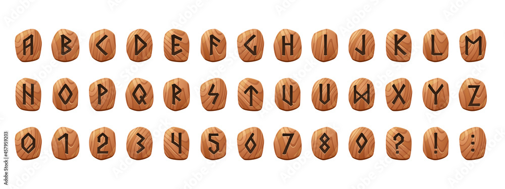 Rune alphabet on wooden tablets with engraved letters, numbers and ...