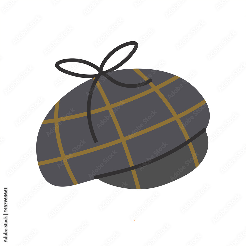 Vintage detective sleuth cap. Gray plaid hat. Isolated vector icons on ...