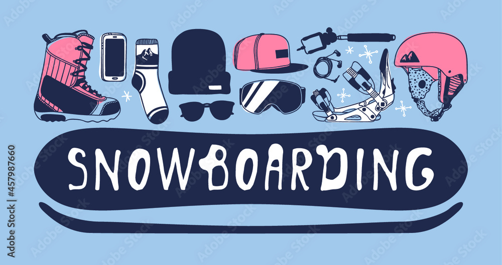 Hand drawn Fashion Illustration Snowboarding Things. Creative ink art ...
