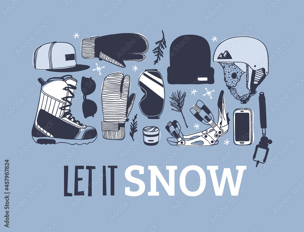 Hand drawn Fashion Illustration Snowboarding Things. Creative ink art ...