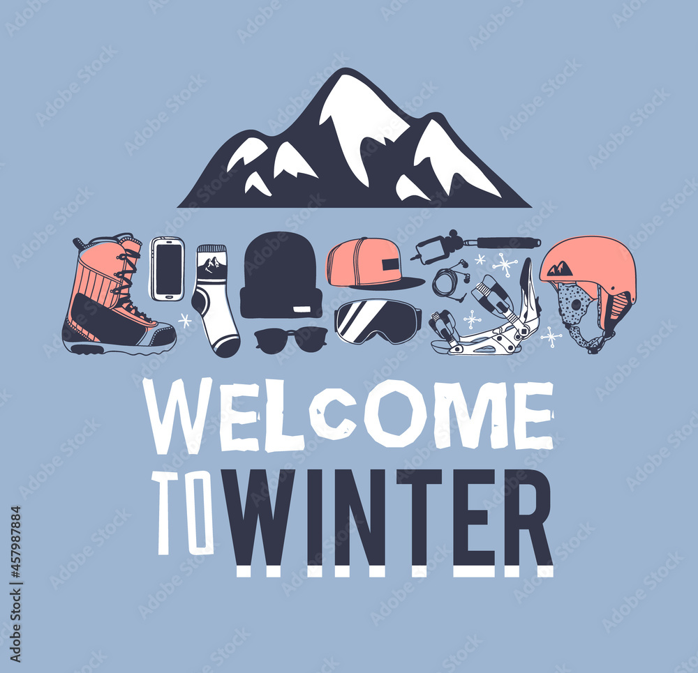 Hand drawn Fashion Illustration Snowboarding Things. Creative ink art ...