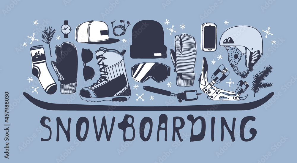 Hand drawn Fashion Illustration Snowboarding Things. Creative ink art ...