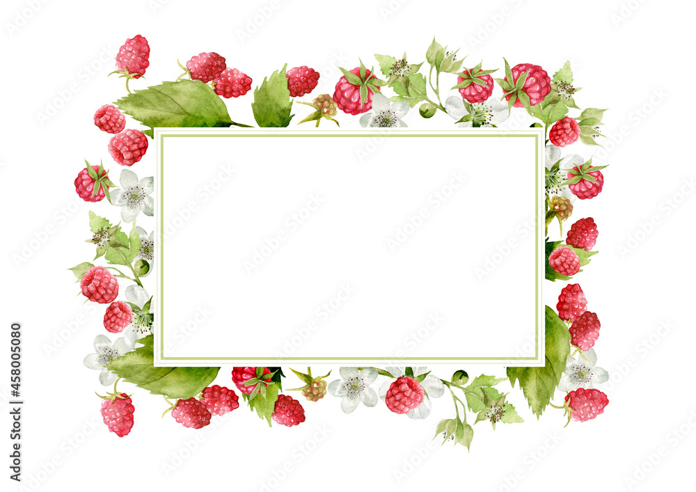 watercolor frame with raspberries for the design of cards, invitations ...
