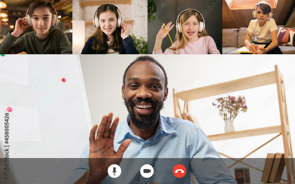 Foto de Collage. Group of 3 children, students studying English by ...