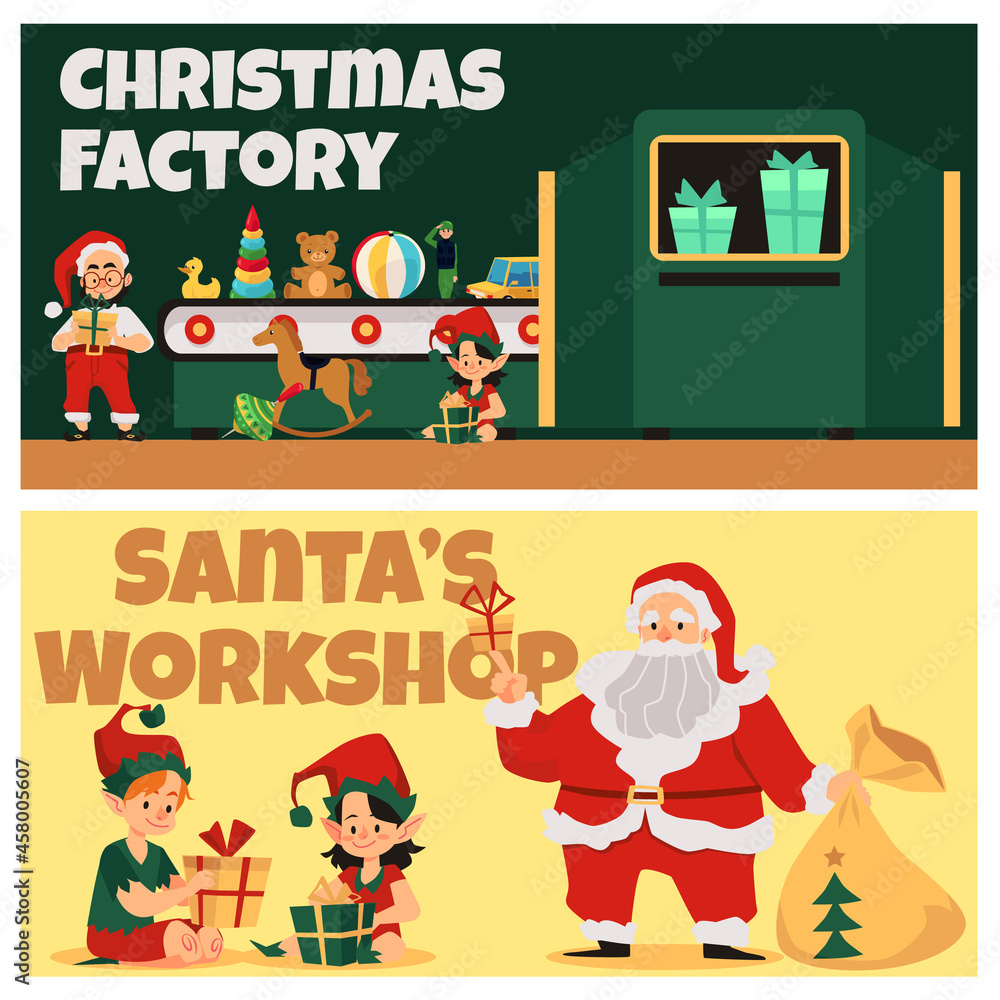 Christmas factory and Santas workshop banners, flat vector illustration ...