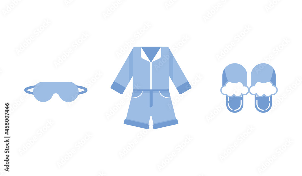 Sleepwear set icons in flat design. Pajamas with sleep mask and home ...