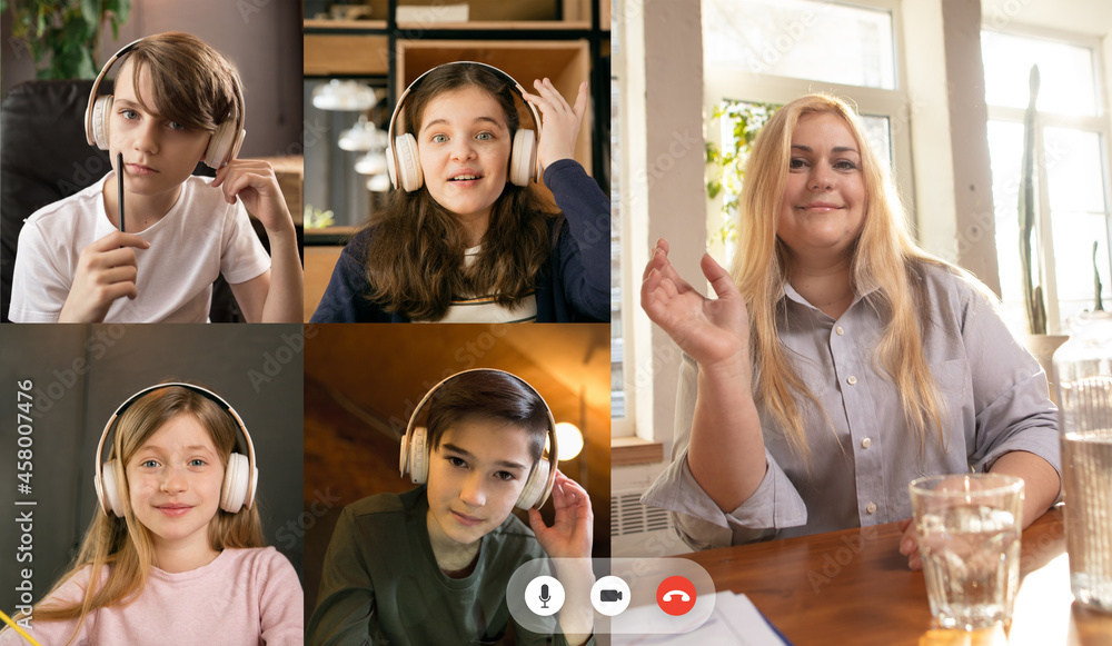 Collage. Group of kids, students studying by group video call, use ...