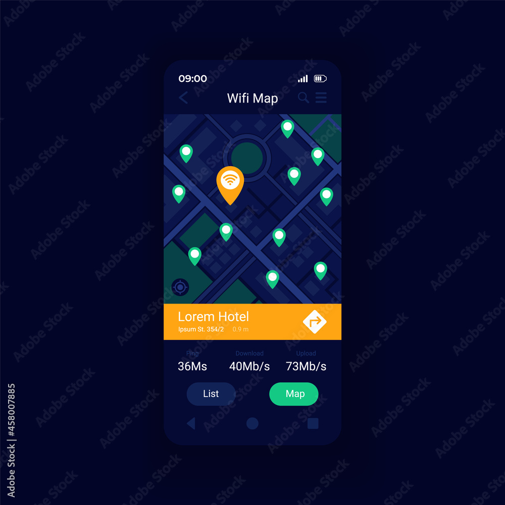 WiFi hotspot location map app smartphone interface vector template ...