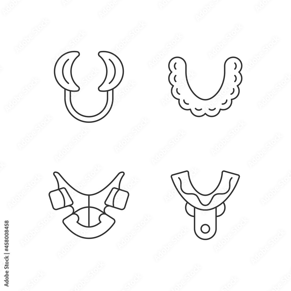 Orthodontic appliances linear icons set. Realigning teeth device. Cheek ...