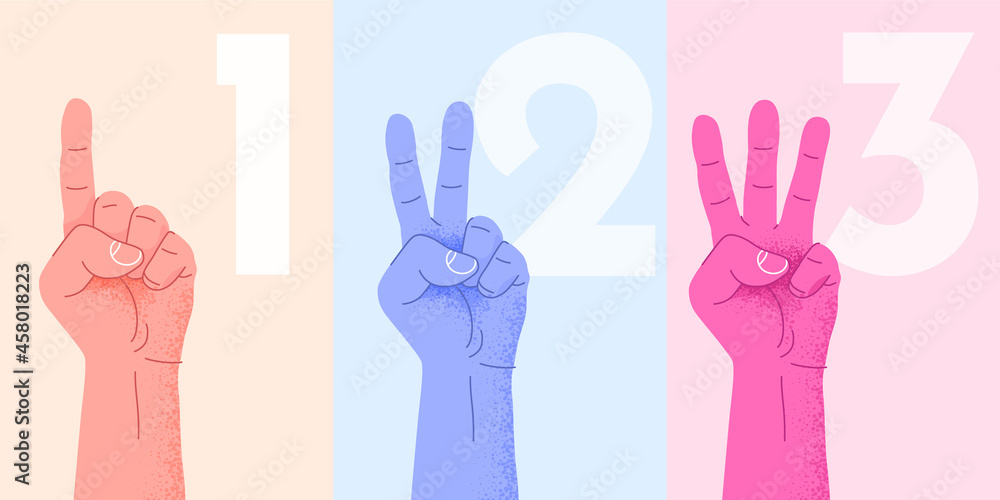 Set of counting one two three hand sign. Three steps or options concept ...