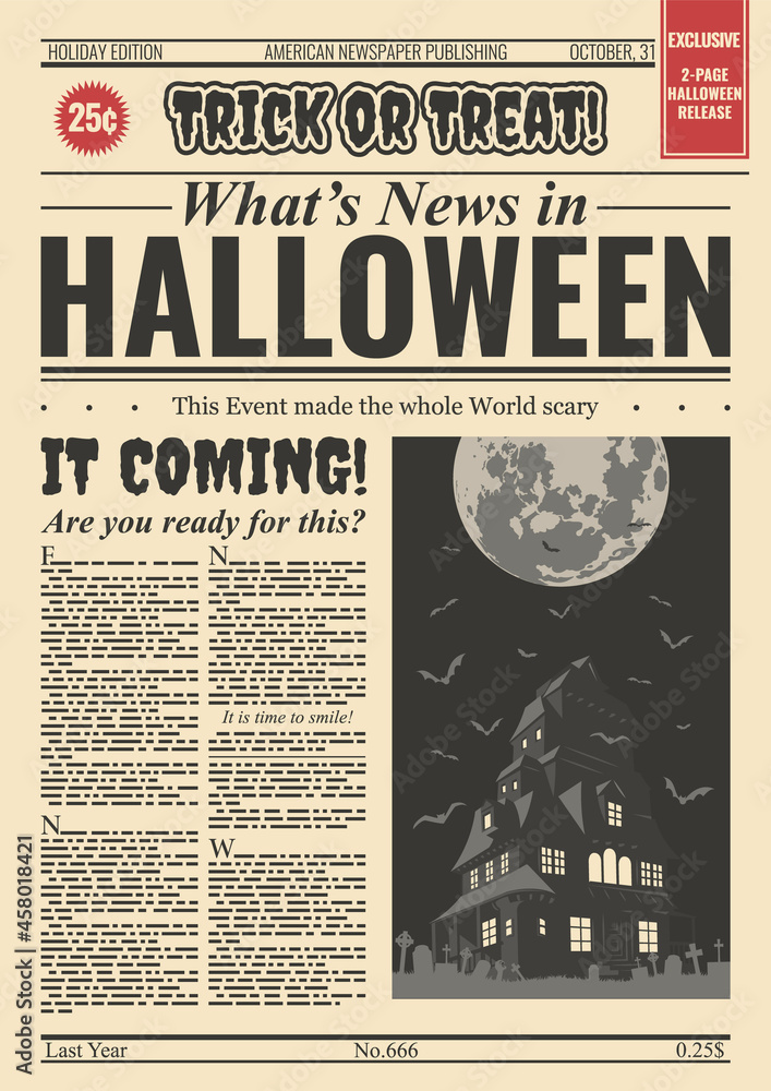 Halloween Newspaper Old Page Style Illustration, Halloween Postcard ...