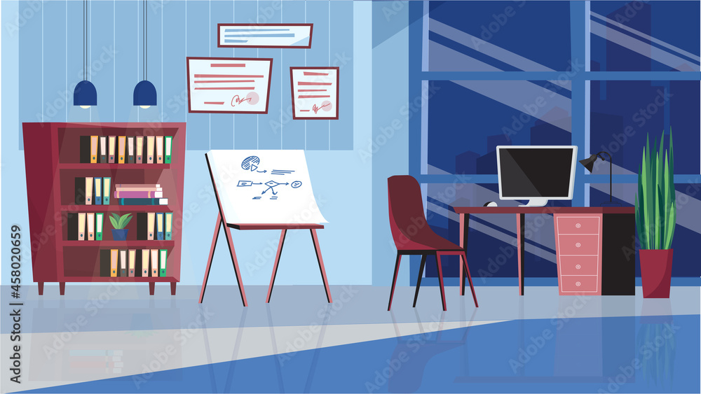 Office interior concept in flat cartoon design. Employee workplace with ...