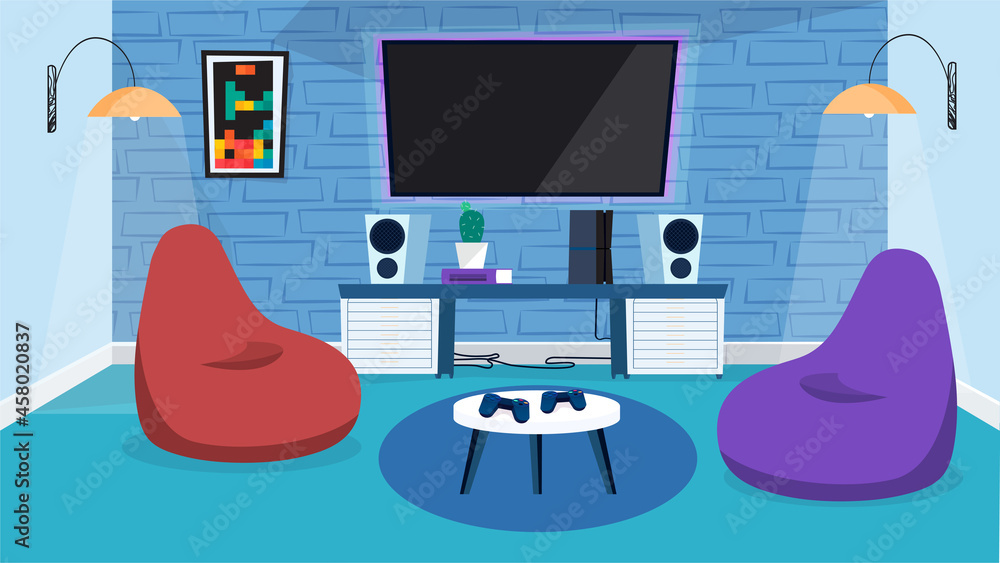 Video game room interior concept in flat cartoon design. Huge monitor ...