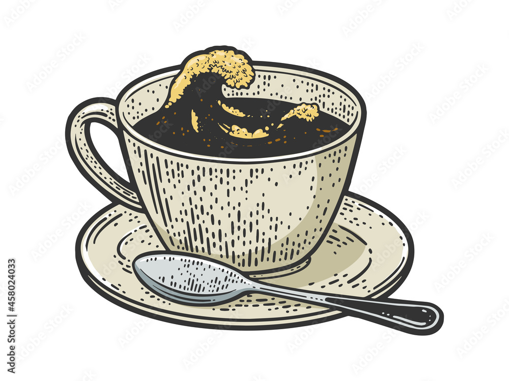 Sea waves storm in cup of tea or coffee color sketch engraving vector ...