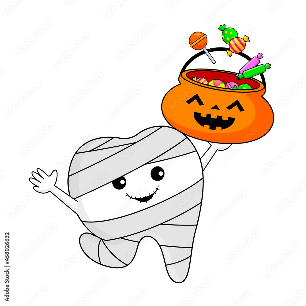 Cute cartoon tooth character design of mummy. Happy Halloween concept ...