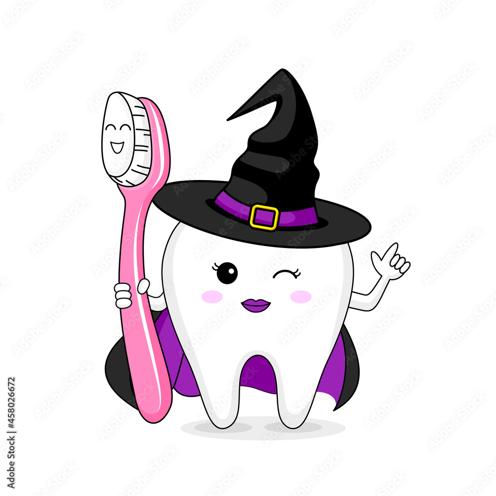 Cute cartoon tooth character design of Witch. Happy Halloween concept ...