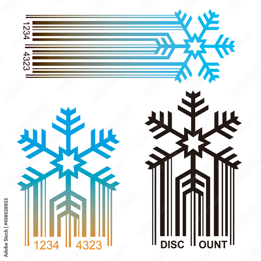 Snowflake,original BAR code, discount concept. Symbol of snowflake with ...