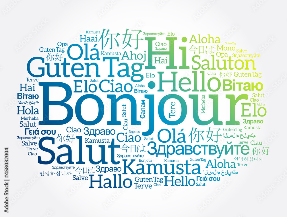 Bonjour (Hello Greeting in French) word cloud in different languages of ...