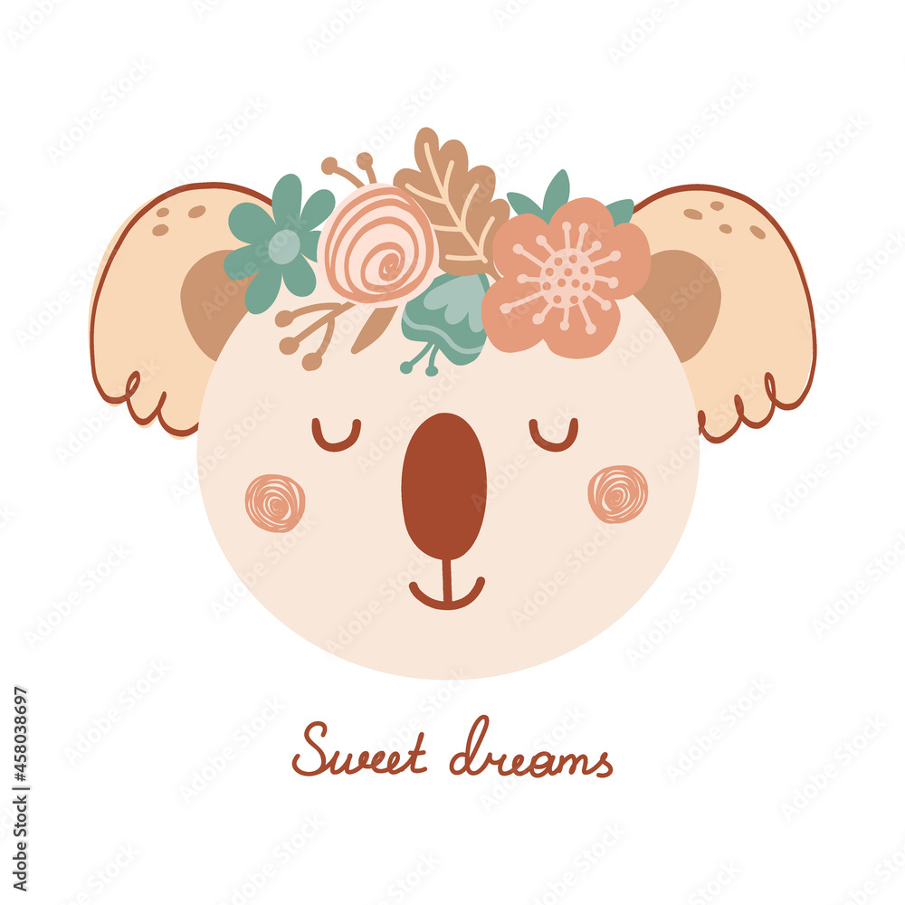 Cute poster with face wild koala and flowers in flat style for kids ...