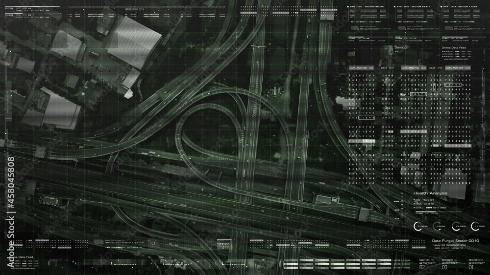 Futuristic HUD satellite view of traffic surveillance on a busy ...