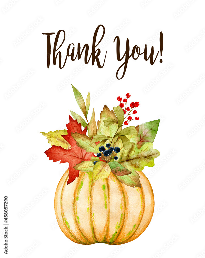 Watercolor illustration card thank you with pumpkin and autumn leaves ...