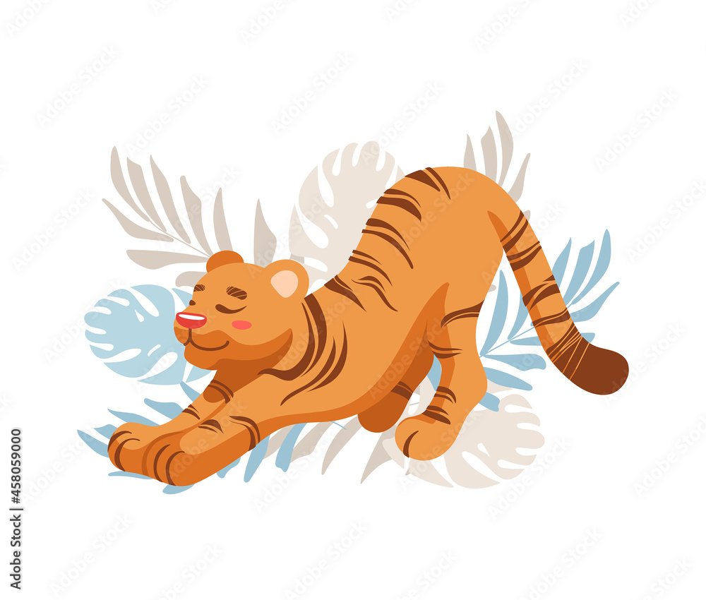 Cute tiger stretches. Big cat. Childrens vector illustration in cartoon ...