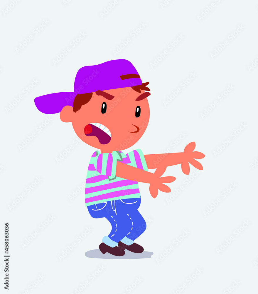 Very angry cartoon character of little boy on jeans pointing at ...