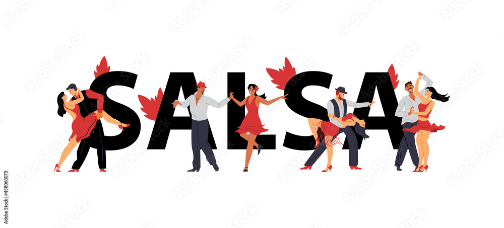 Word salsa in big letters and men and women dancing, flat vector ...