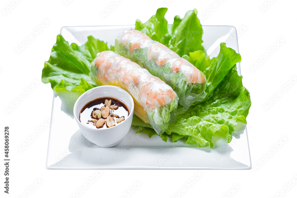 vietnamese cuisine, white plate, spring rolls on lettuce leaf, on white ...