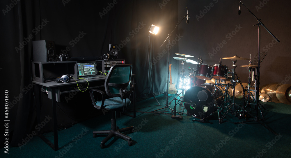 Recording studio with drum kit. Stock Photo | Adobe Stock
