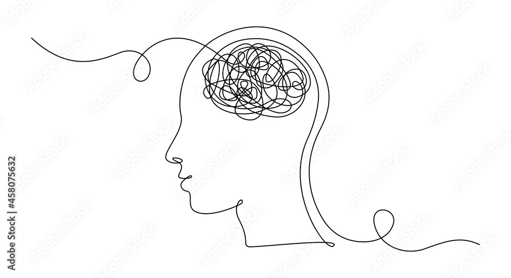 Continuous one line drawing of man head with messy thoughts worried ...