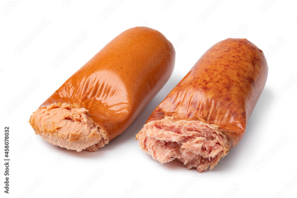Traditional German coarse and fine Teewurst open in plastic close up ...