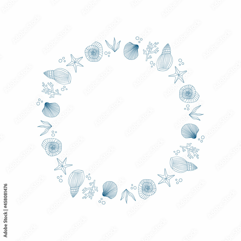 Nautical circle frame with shell, bubble, algae, seaweed, coral ...