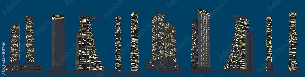 hi-tech fictional towers at night with glowing lights, isolated bottom ...