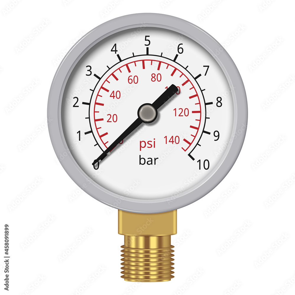Realistic pressure gauge with brass fitting isolated on white ...