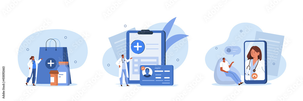 Various medical services. Characters talking with doctor online, buying ...