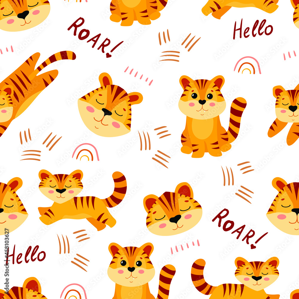 Seamless pattern with cute tiger cubs. Big tabby cat. Endangered ...