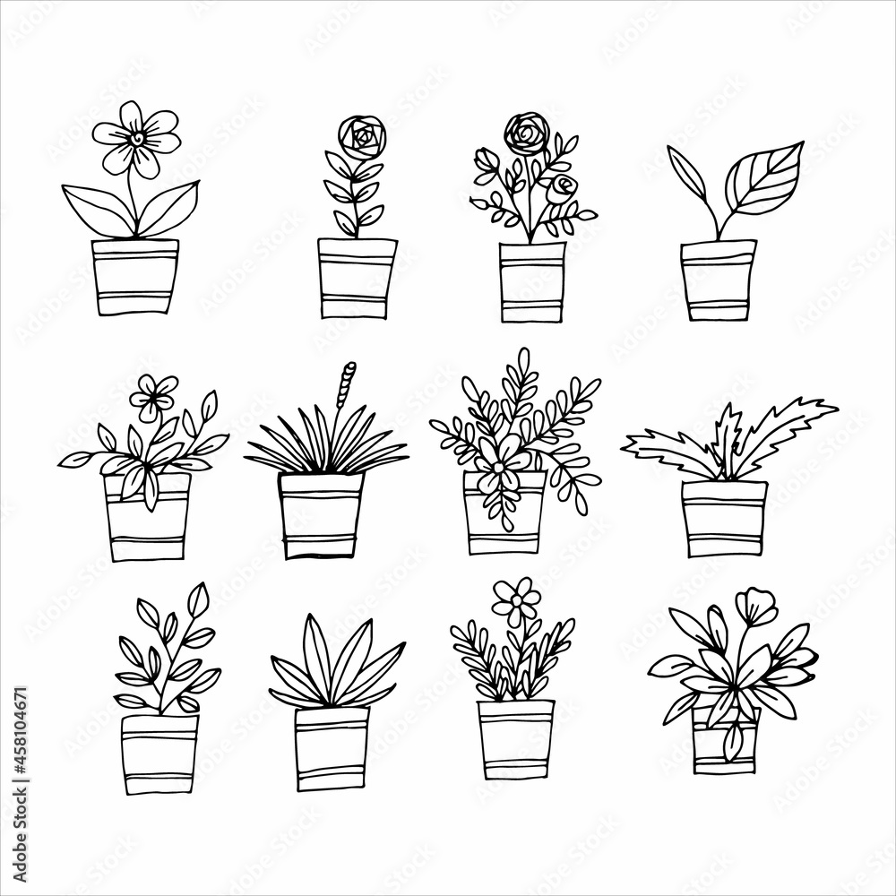 Set of hand drawn indoor plant in a pot, doodle design. Home plants ...