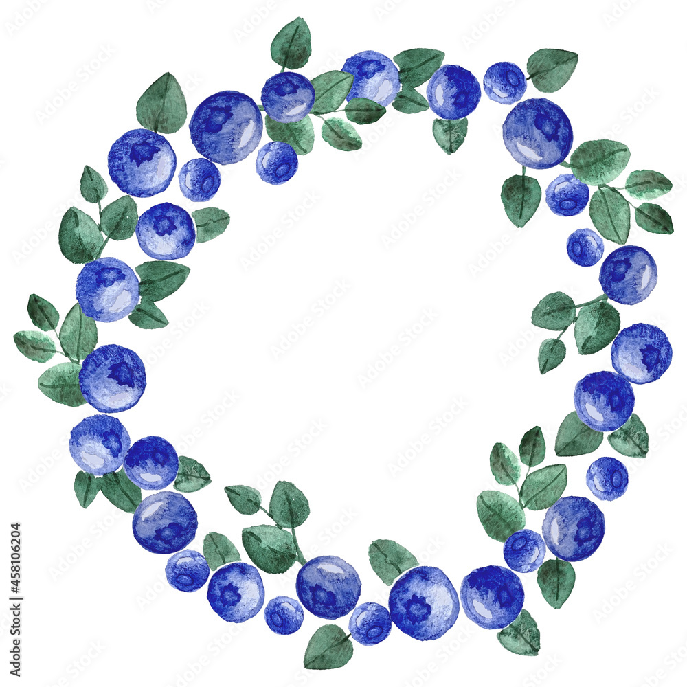 Hand drawn watercolor round frame with blueberry and leaves. Templare ...