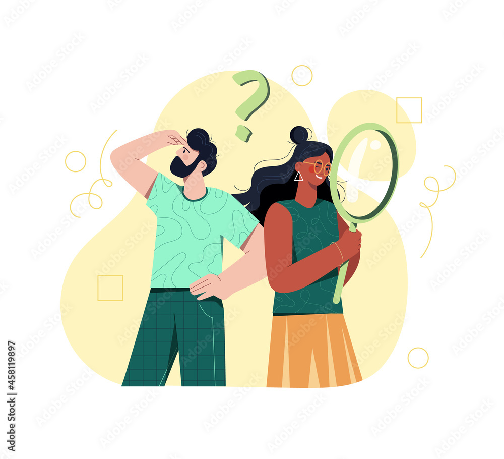 Vecteur Stock Smiling male and female characters are looking for ...