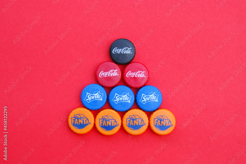plastic caps from different drinks soda. Popular brands: Coca Cola ...