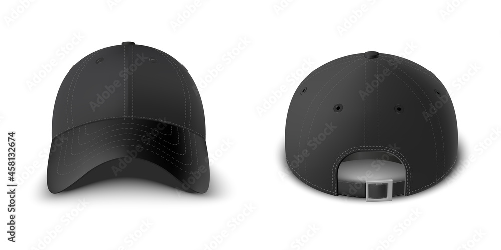 Black baseball cap set front and back view realistic vector template ...