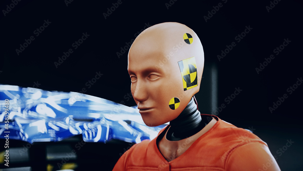 Robot crash test dummy sitting near destroyed car crash test. Future ...