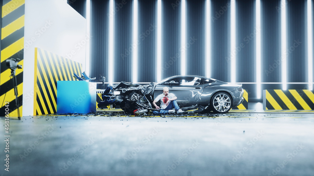 Human crash test dummy sitting near destroyed car crash test. Future ...