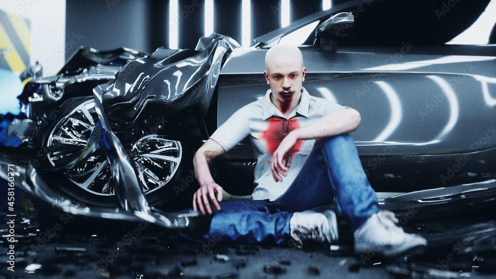 Human crash test dummy sitting near destroyed car crash test. Future ...