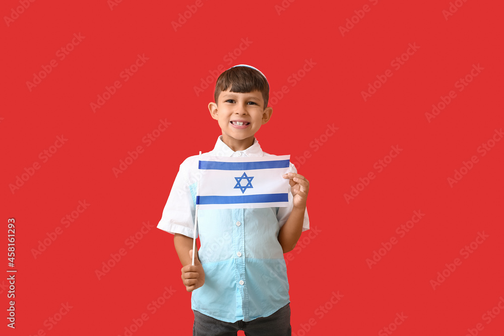 Little boy with the flag of Israel on color background Stock Photo ...